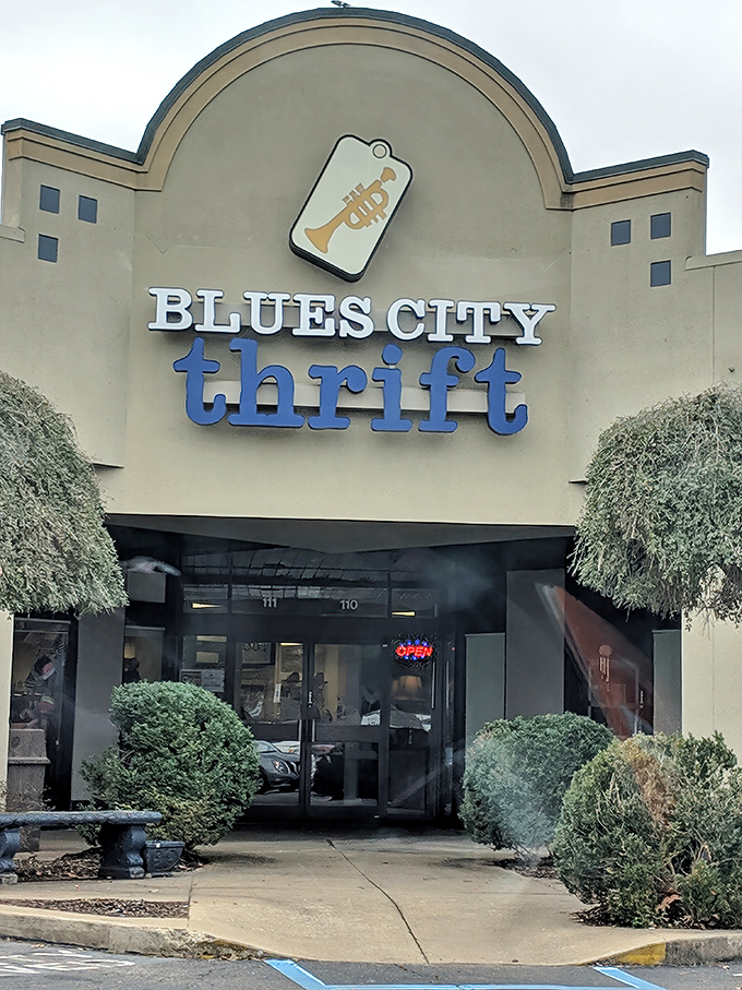 Blues City Thrift's trumpet logo hits the perfect note for Memphis bargain hunters seeking soulful style.