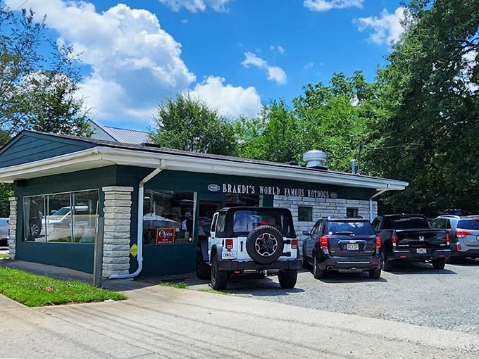 Stone and timber construction suggests serious commitment to both durability and delicious hot dogs.