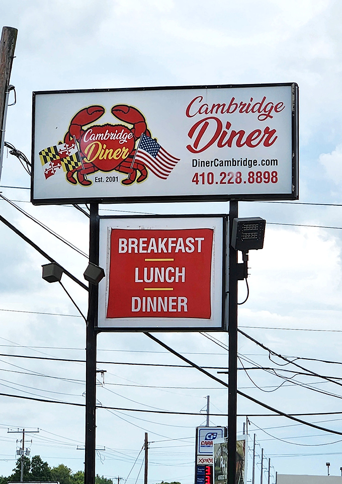 Crab sign, can't lose! Cambridge Diner announces its Maryland pride with a crustacean mascot that promises seafood magic.