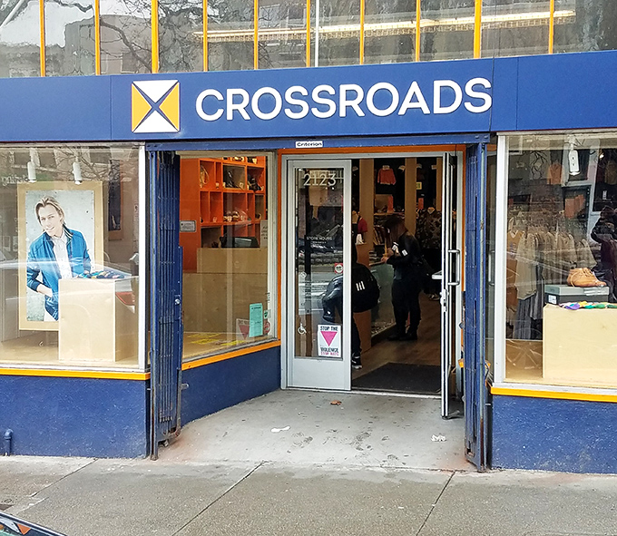 Crossroads Trading's bold blue storefront stands out in San Francisco's vibrant Castro district. Fashion-forward thrifting with urban flair!