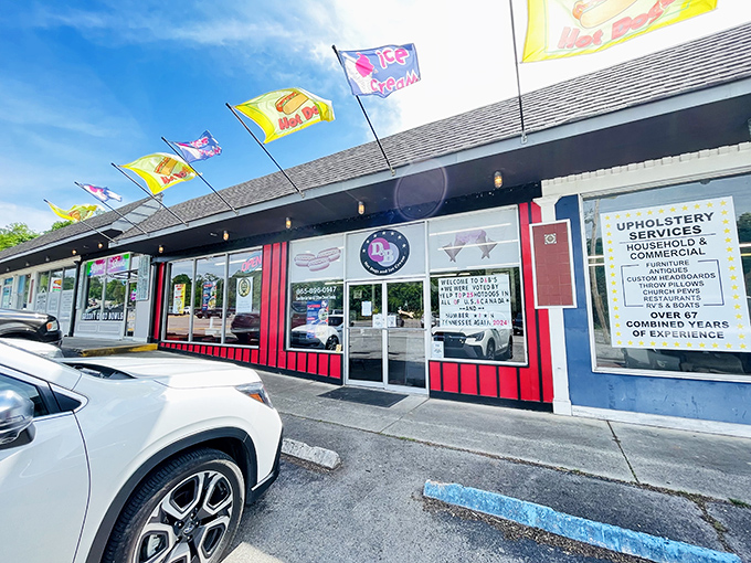 Colorful flags dancing in the breeze announce that fun and flavor await inside this cheerful establishment.