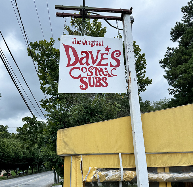 Dave's Cosmic Subs' groovy sign promises a trip back to the '60s. Their sandwiches are far out, man!