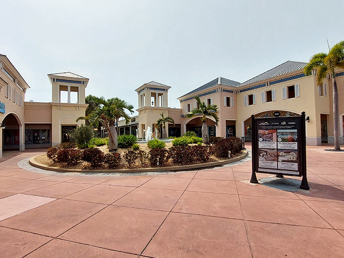 Mission-style architecture transforms bargain hunting into a historical adventure. Those towers have witnessed countless shopping victories.