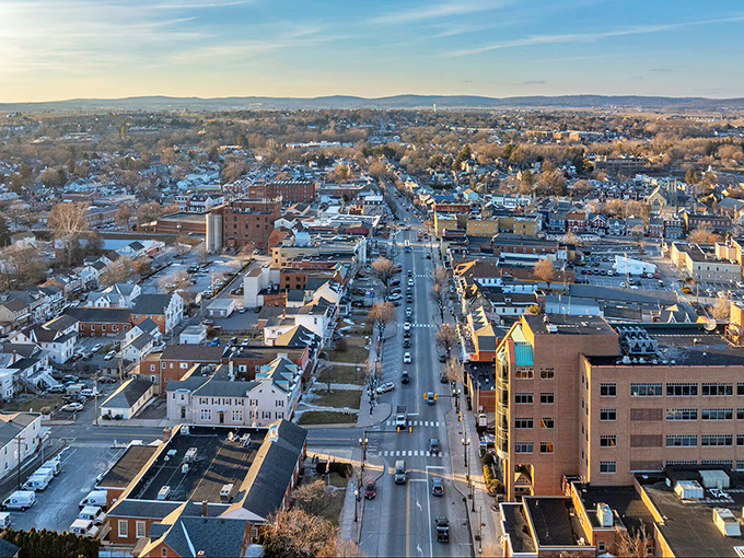 The aerial view of Ephrata highlights its charming mix of small-town streets and rolling hills, creating a warm Pennsylvania community feel.