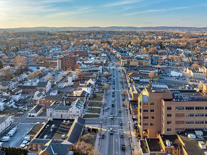 The aerial view of Ephrata highlights its charming mix of small-town streets and rolling hills, creating a warm Pennsylvania community feel.