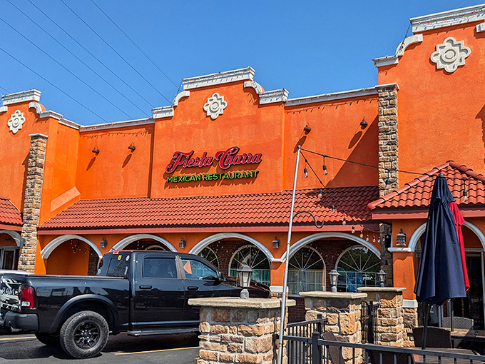 Fiesta Charra's vibrant orange building and distinctive architecture announce "fun Mexican food ahead!" before you even park your car.