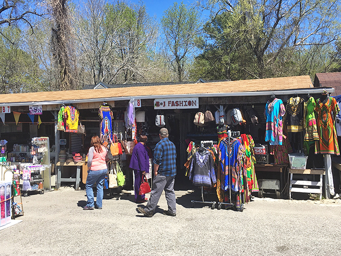 Colorful clothing displays create a rainbow of possibilities under the open Virginia sky.