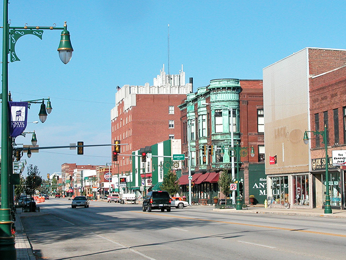 Galesburg's street scene serves up a buffet of architectural delights, with that green copper facade adding the perfect zesty garnish to the historic spread.