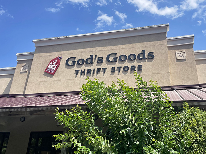 God's Goods modern storefront elevates thrift shopping to an art form - retail therapy with a purpose.