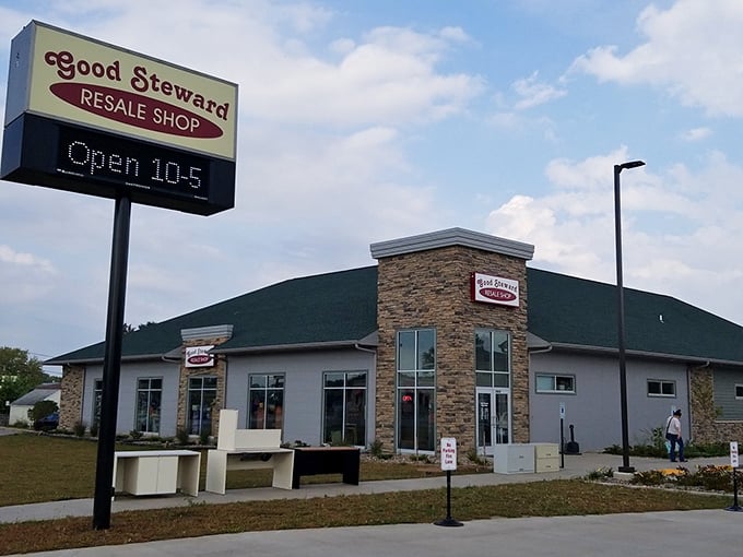 Good Steward's stone facade and green roof look more country store than thrift shop. Norman Rockwell would have painted this place!