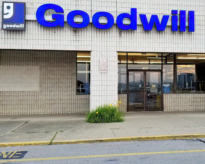 Goodwill Hermitage stands bright against the sky, a beacon of bargains in a sea of retail sameness.