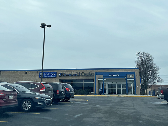 This warehouse exterior promises serious bargain hunting adventures for the truly dedicated thrift warriors.