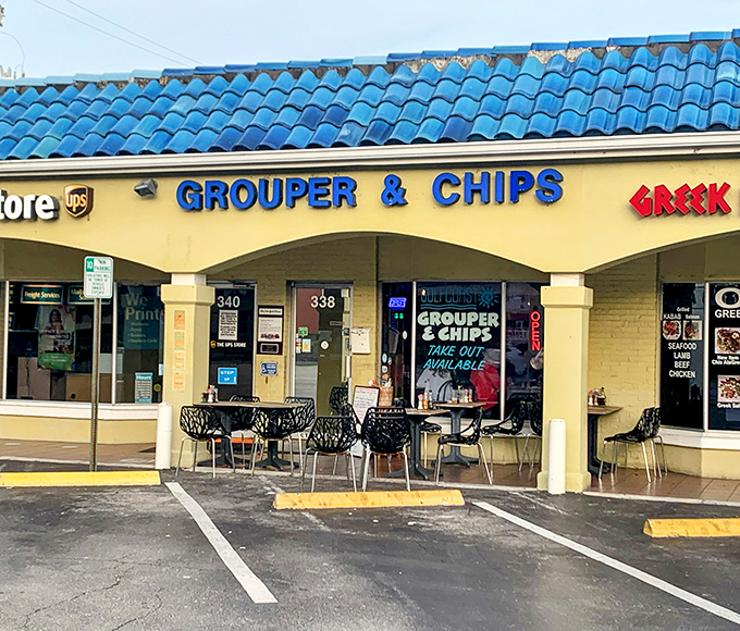 Blue roof, bold sign&mdash;Grouper & Chips doesn't mess around. This Naples strip mall hides a seafood treasure that locals try (and fail) to keep secret.