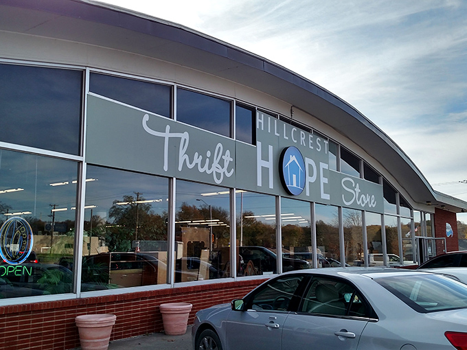 The curved glass facade invites you in like a warm hug from your favorite bargain-hunting aunt.