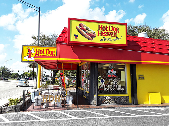 Hot Dog Heaven's red and yellow exterior promises exactly what it delivers - heavenly hot dogs in a classic setting.