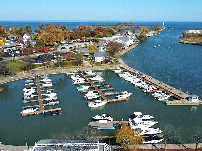 Huron's marina organizes boats like a perfectly choreographed water ballet from above.
