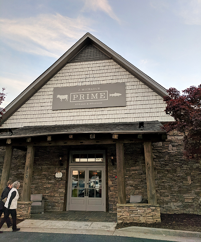 J Michael's Prime's stone exterior evokes a mountain lodge where carnivores gather to worship at the altar of USDA Prime.