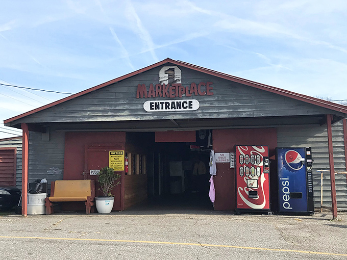 Jamestown's weathered entrance promises an authentic country market experience that delivers on every level.