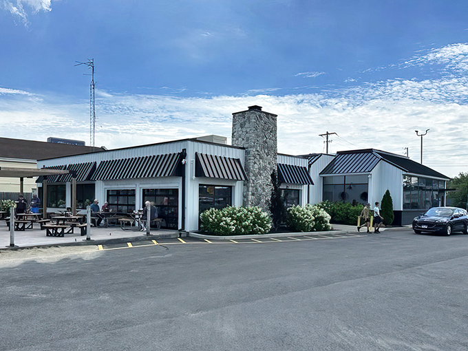 Jolly Roger's simple white building with its bold sign stands ready to serve Lake Erie's bounty without unnecessary fanfare.