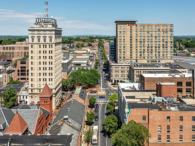 Lancaster's downtown skyline showcases historic architecture where budget-friendly dining options await around every corner.