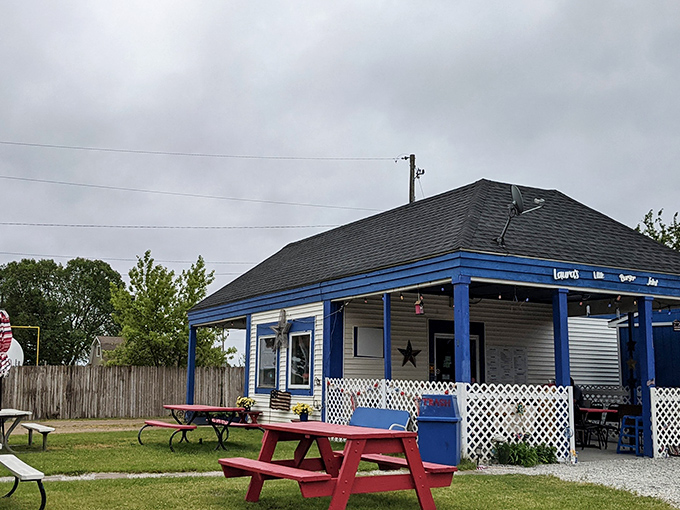 Bright blue cottage vibes meet serious burger business in this delightfully unexpected combination of charm.