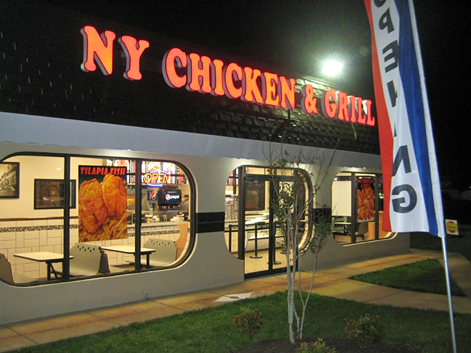 NY Chicken & Grill's illuminated storefront beckons night owls. When those rounded windows glow after dark, resistance is futile.