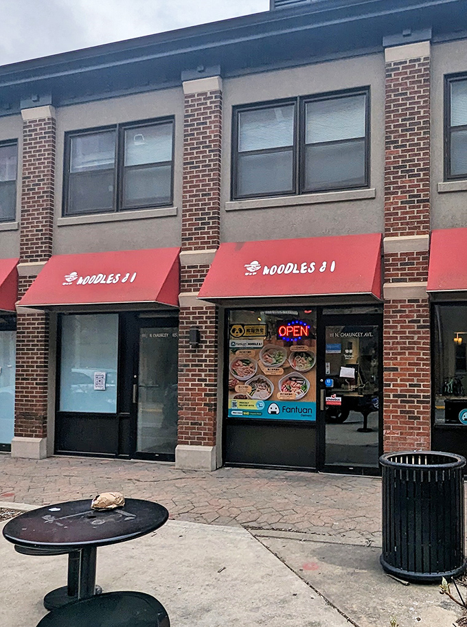 College town charm meets serious noodle business in this cozy corner where students and locals unite over steaming bowls.