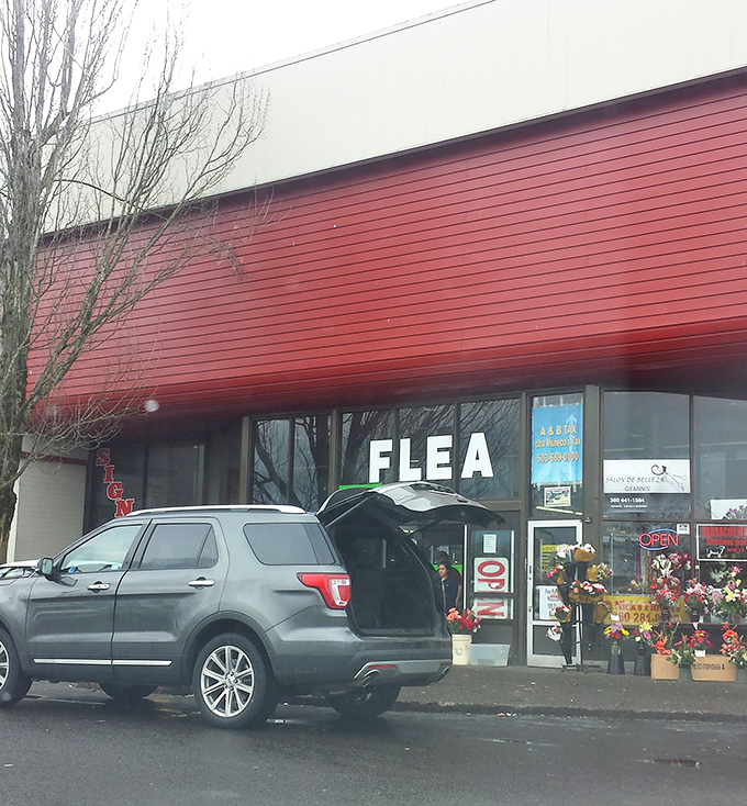 That bold red awning isn't just eye-catching&mdash;it's the Oregon Flea Market's way of saying "extraordinary finds inside!" Simple on the outside, spectacular within.