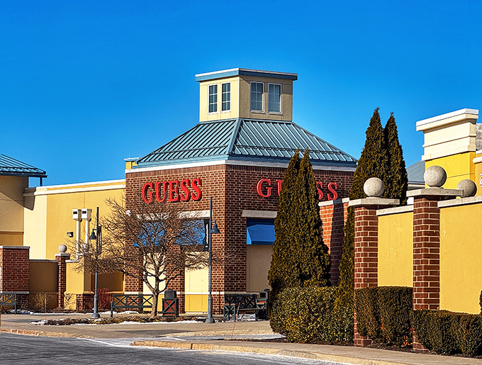 Brick and yellow architecture creates a warm, welcoming atmosphere that makes shopping feel like visiting friends.