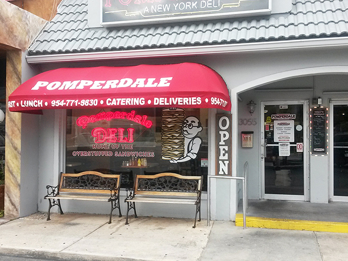 Red awning, big promises - when a deli calls itself "famous," it better deliver the goods.