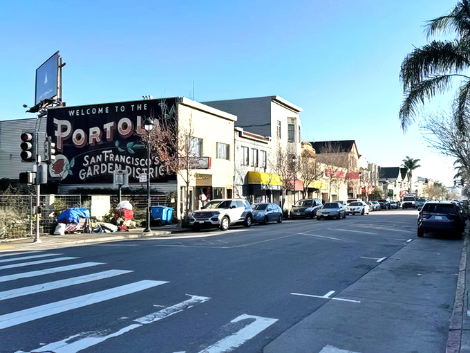 Portola's welcome sign pops with urban color! San Francisco's garden district brings big-city flair to this small-town crossroads.
