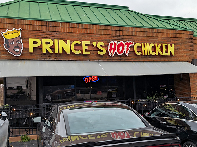 Prince's bold signage announces hot chicken royalty without apology. That crown logo isn't just for show&mdash;it's earned through tears of spicy joy!