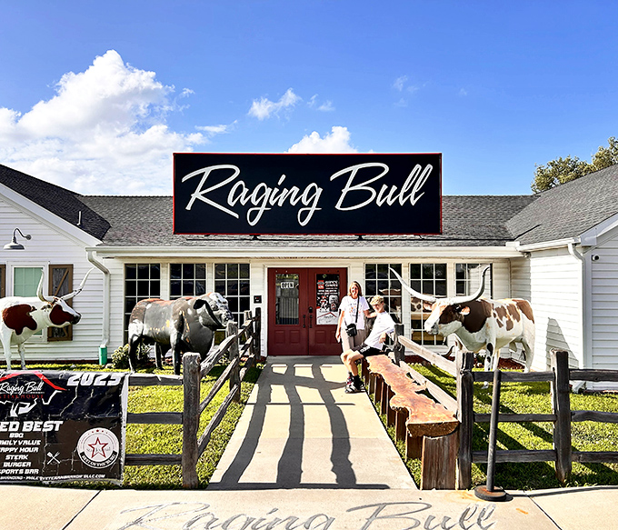 That bull statue isn't just decoration - it's a promise of serious beef served with small-town hospitality.