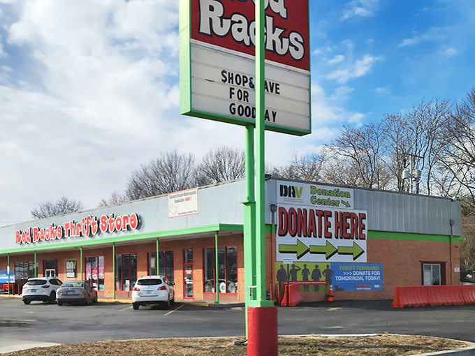 Red Racks' cheerful signage beckons like a friendly neighbor sharing their best secrets.