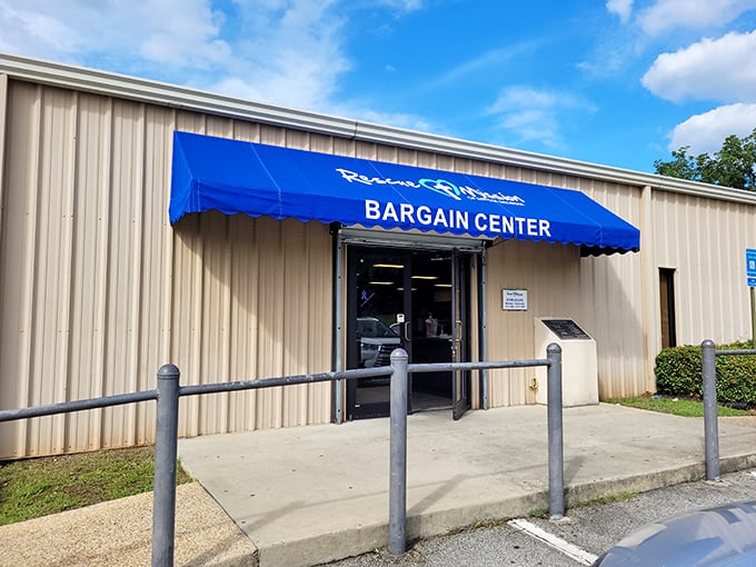 The Rescue Mission's blue awning signals hope - both for bargain hunters and community members.