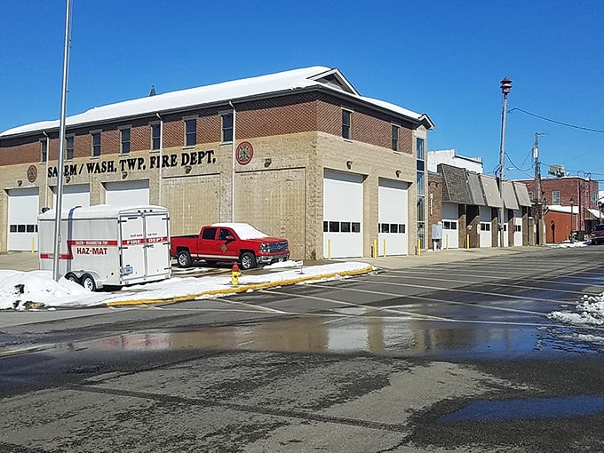 Look at the snowy scene in Salem, Indiana, where you can see the local fire department standing ready for duty.