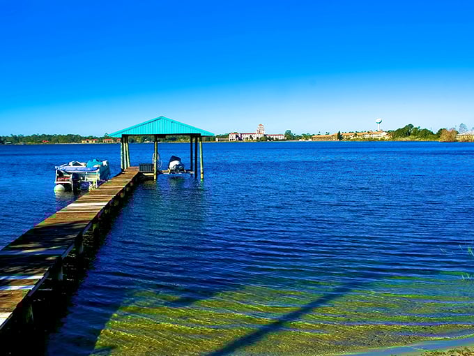 Sebring's lakefront dock invites you to sit a spell, where time moves as gently as the ripples on the water.