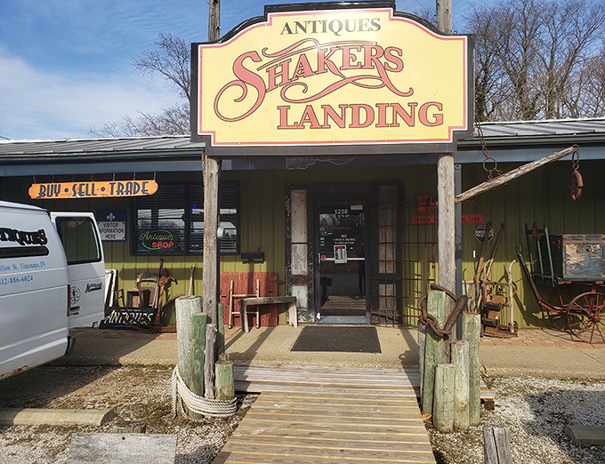Yellow signs and rustic charm create the perfect recipe for authentic antique hunting adventures ahead.