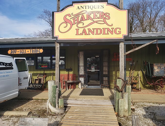 Yellow signs and rustic charm create the perfect recipe for authentic antique hunting adventures ahead.