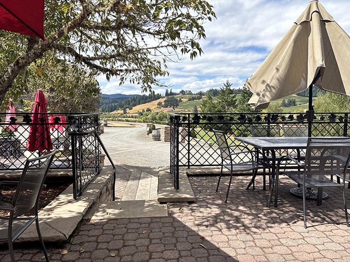 Stone-lined patio dining overlooks vineyard views that pair perfectly with any vintage you choose.