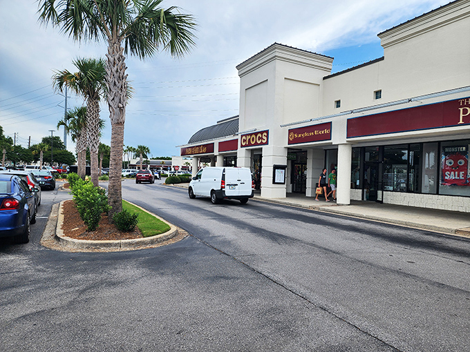 Beach town meets bargain town – where flip-flops and designer bags coexist in perfect harmony.