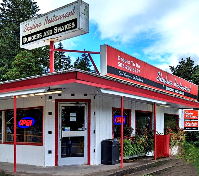 Skyline Restaurant's classic red trim signals that timeless diner traditions are alive and well in Portland.