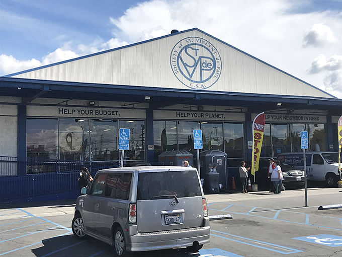 St. Vincent de Paul's storefront whispers promises of household gold&mdash;those arched entries have seen decades of happy hunters. 