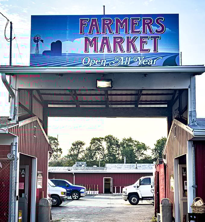 The iconic entrance to South Bend Farmers Market frames a year-round celebration of local bounty.