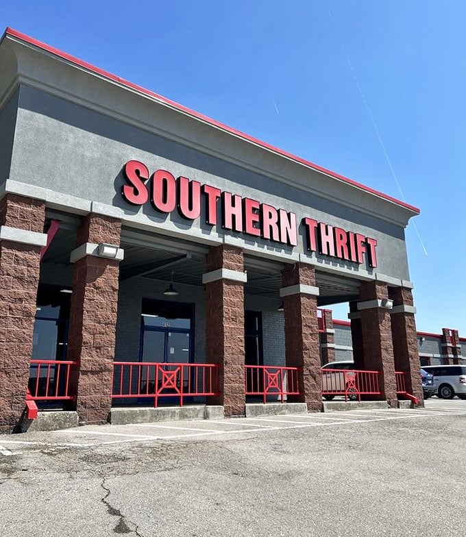 Southern Thrift's bold red letters shout savings louder than a honky-tonk on Saturday night. 