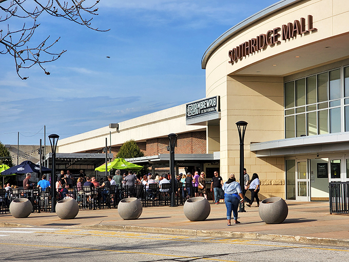 Southridge Mall's curved entrance welcomes shoppers with a promise: "Yes, we have what you're looking for."