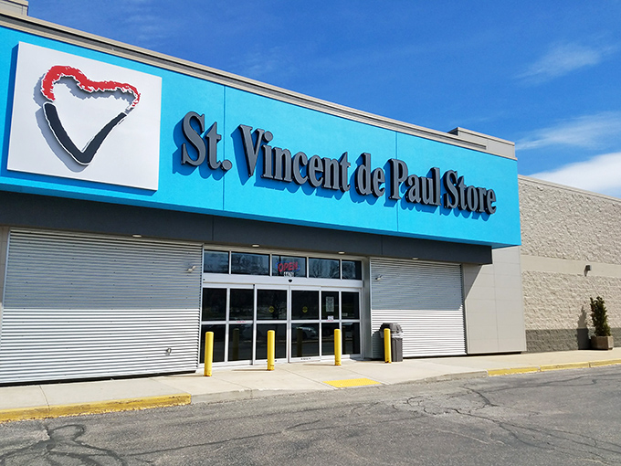 St. Vincent de Paul's bold blue signage stands out like a beacon for bargain hunters.