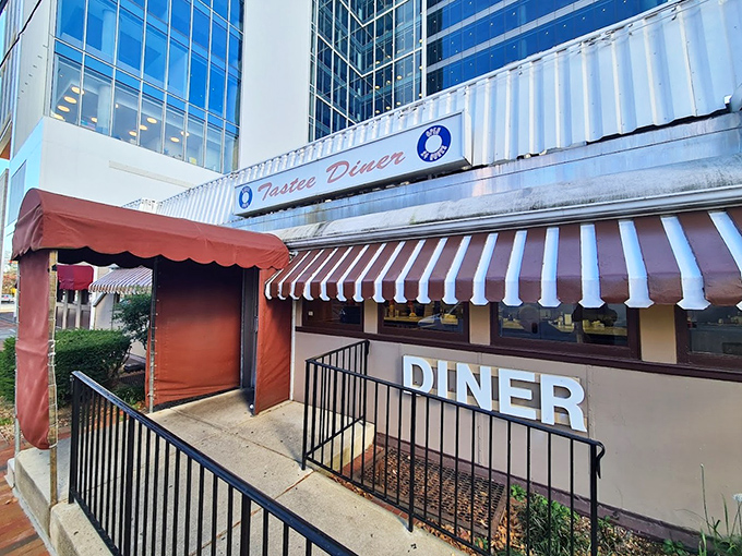 Tastee Diner's striped awning and big windows invite you into decades of perfectly executed comfort food.