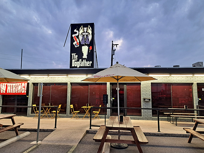 The Dogfather's bulldog logo makes you an offer you can't refuse&mdash;authentic hot dogs with gangster-worthy toppings and Texas-sized flavor.