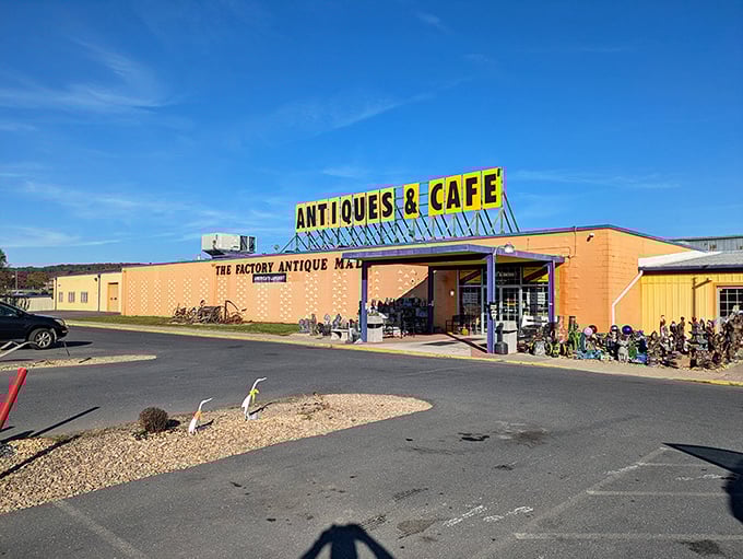 The Factory Antique Mall's cheerful yellow exterior houses America's largest collection of yesteryear's treasures. Size definitely matters here!
